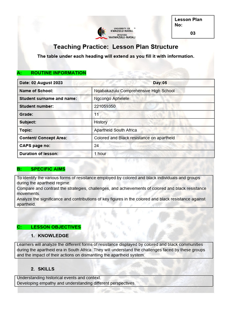 Apartheid Lesson 03 | PDF | Apartheid | Lesson Plan