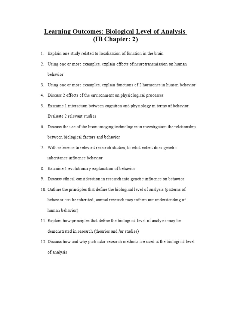 Learning Outcomes: Biological Level of Analysis (IB Chapter: 2) | PDF