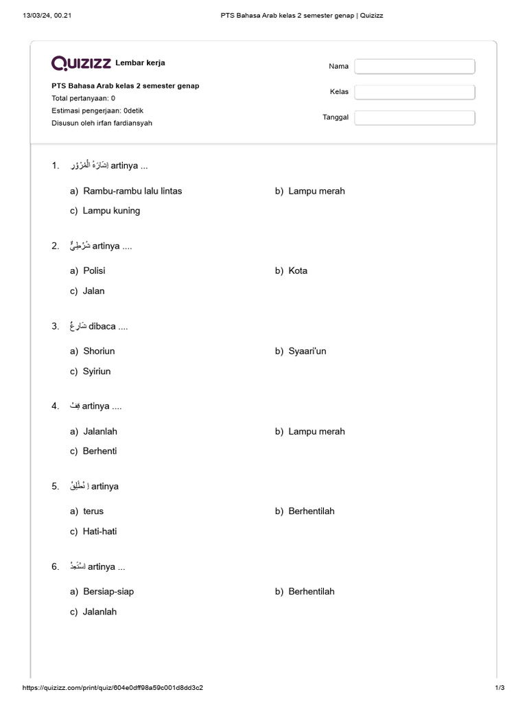 PTS Bahasa Arab Kelas 2 Semester Genap - Quizizz | PDF