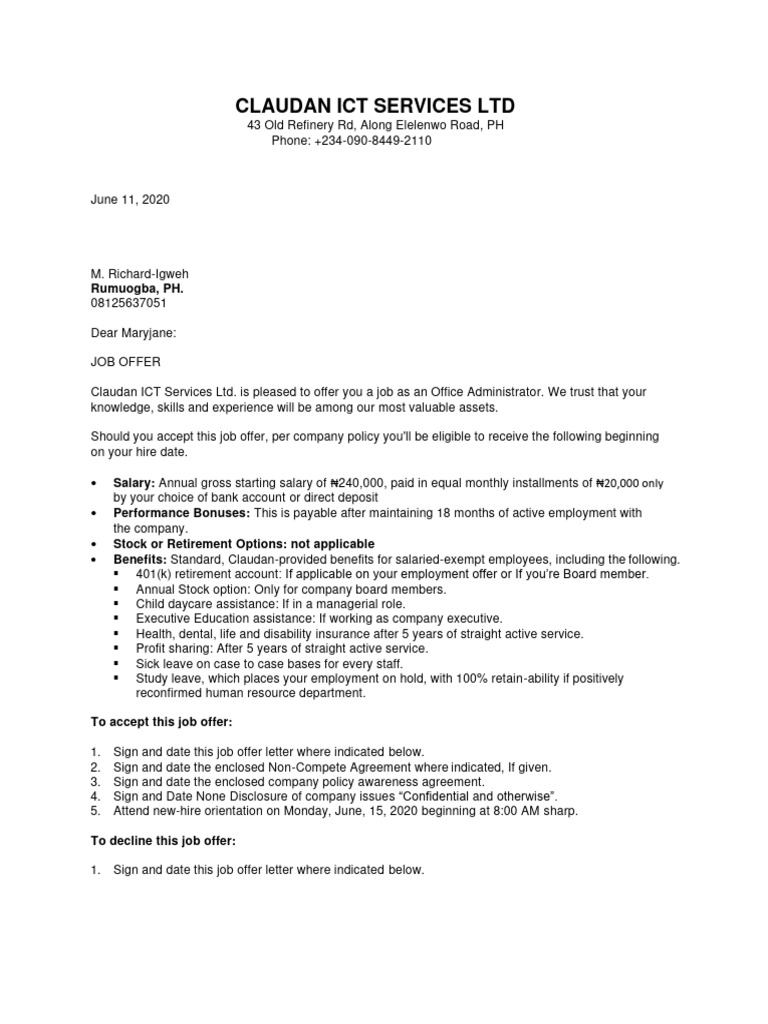Claudan JOB Offer Letter 1 Word | PDF | Employment | Salary