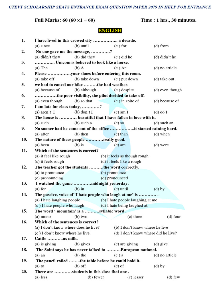 Ctevt Scholarship Seats Entrance Exam Question Paper 2079 in Help For ...