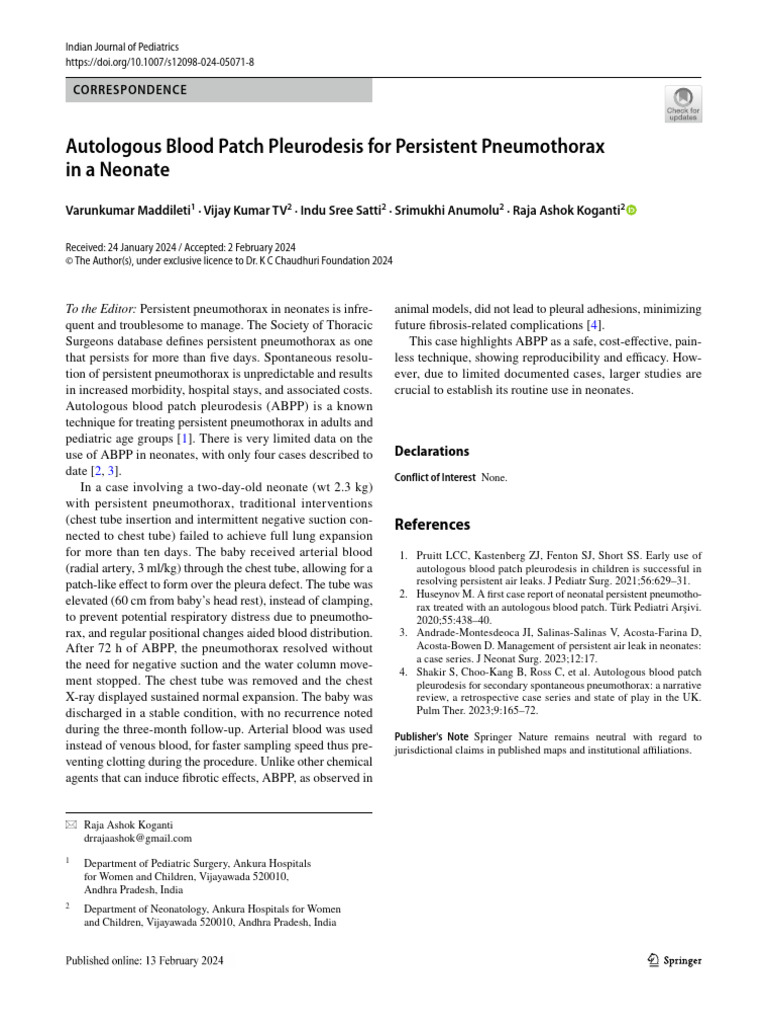 Autologous Blood Patch Pleurodesis For Persistent Pneumothorax in A ...