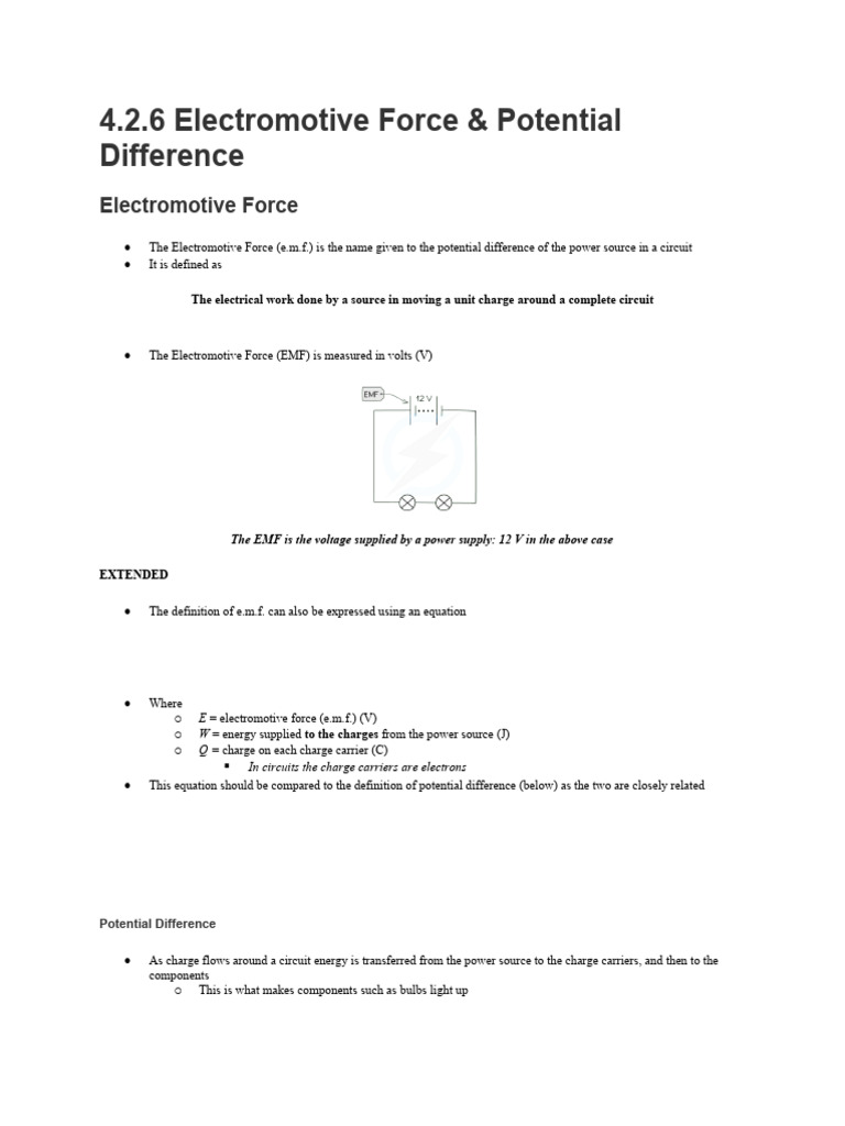 EMF and Potential Difference Explained | PDF | Voltage | Volt