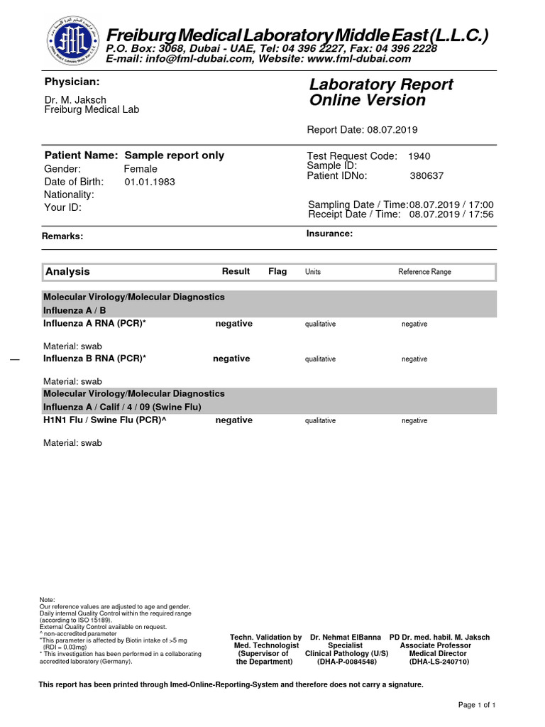 Influenza Testing Sample Report | PDF | Medical Laboratory | Influenza