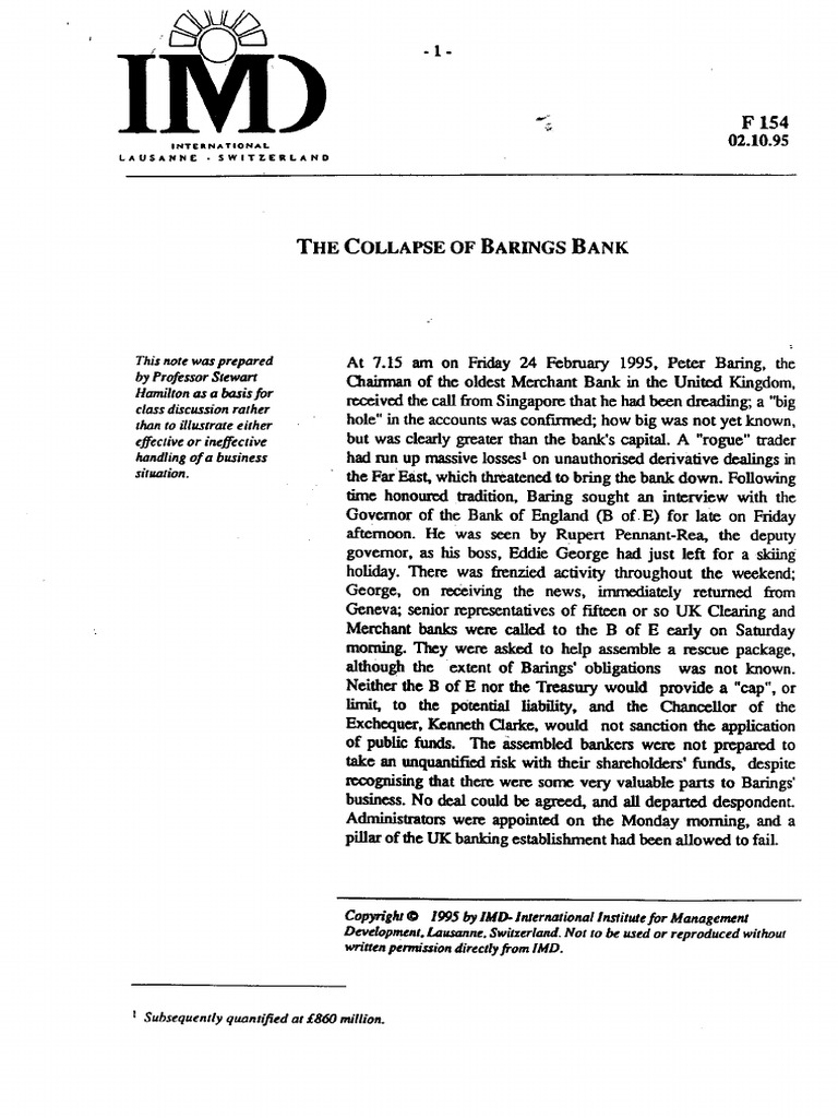 The Collapse of Barings Bank | PDF