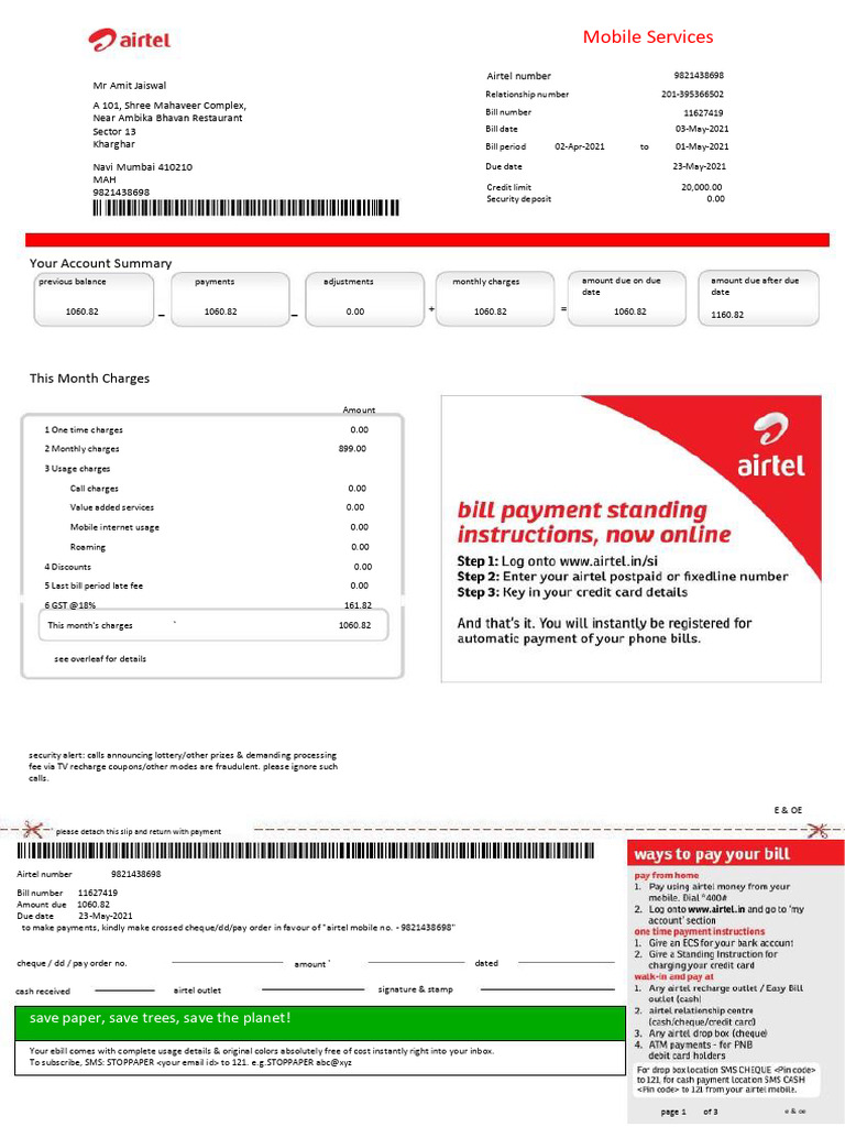 Airtel - Apr 21 | Download Free PDF | Cheque | Fee