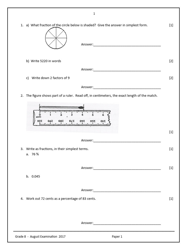 Grade 8 August Paper 1 Exam 2017 | PDF | Arithmetic | Mathematics