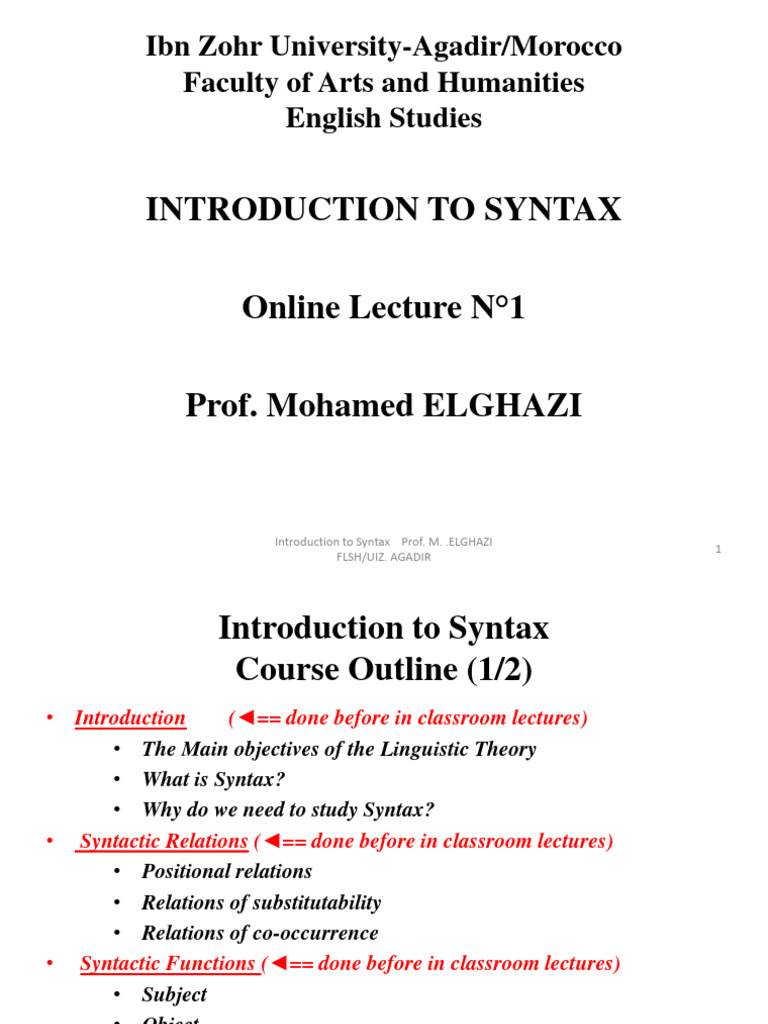 Online Lecture 1 Introduction To Syntax Prof Elghazi | PDF | Part Of Speech | Word
