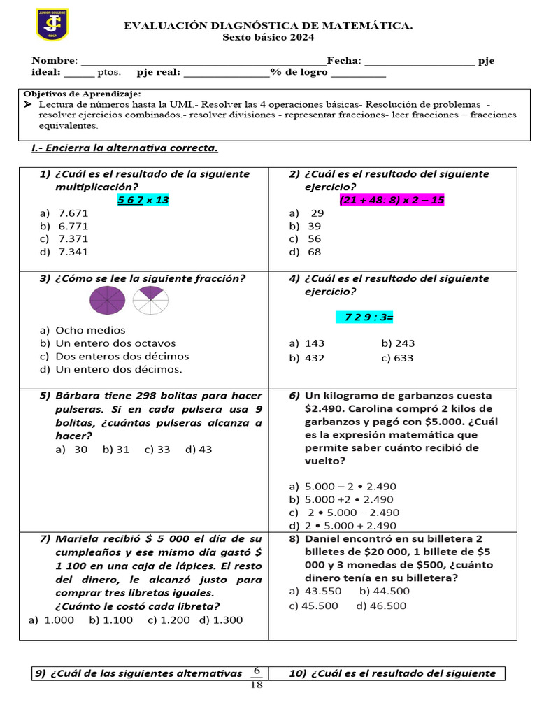 Evaluación Diagnóstica Sexto | PDF