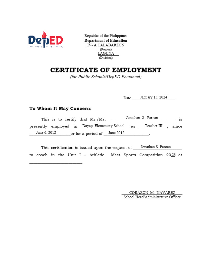 Cerificate of Employment DepED Personnel | PDF