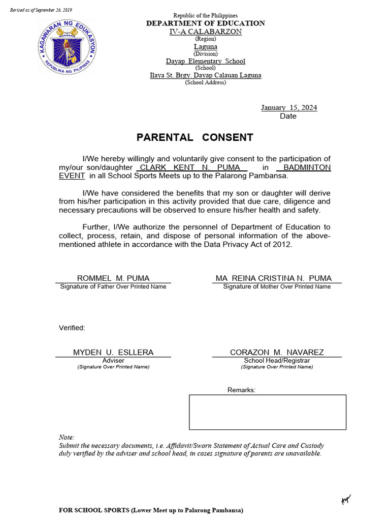 2020 Parents Consent Revised | Download Free PDF | Government | Philippines