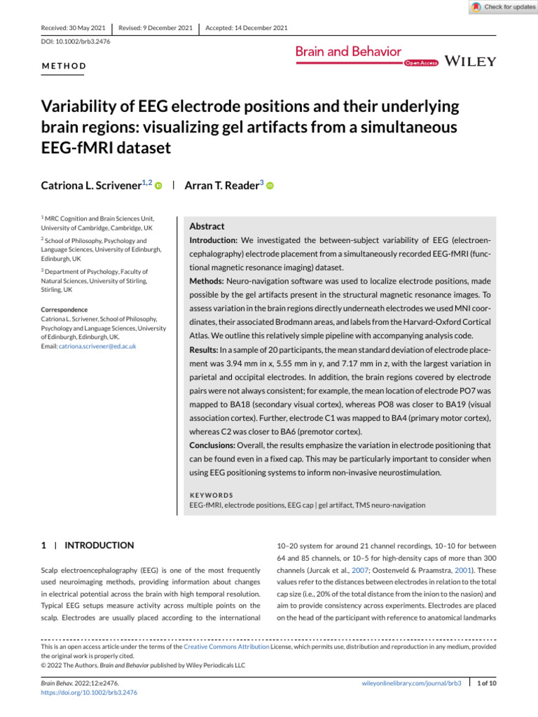 Brain And Behavior 2022 Scrivener Variability Of Eeg Electrode Positions And Their