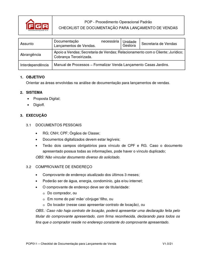 POP-011 - Checklist de Documentação para Lançamento de Vendas v1.0 ...