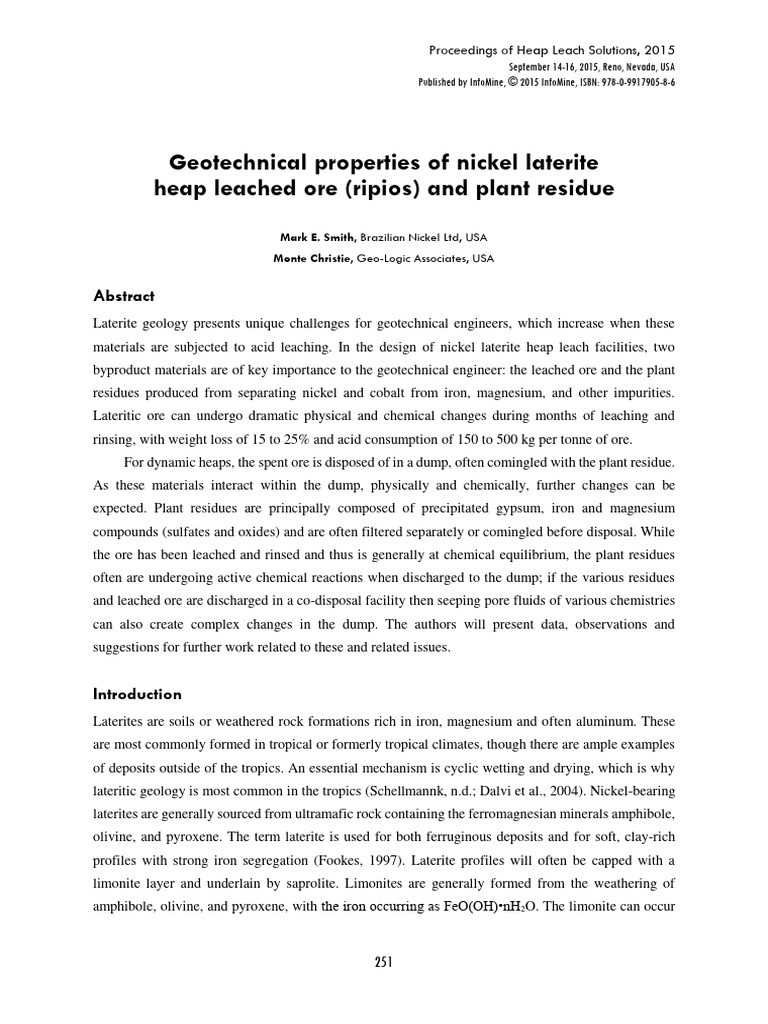 Geotechnical Properties of Nickel Laterite Heap Leached Ore Ripios and Plant Residue | PDF ...