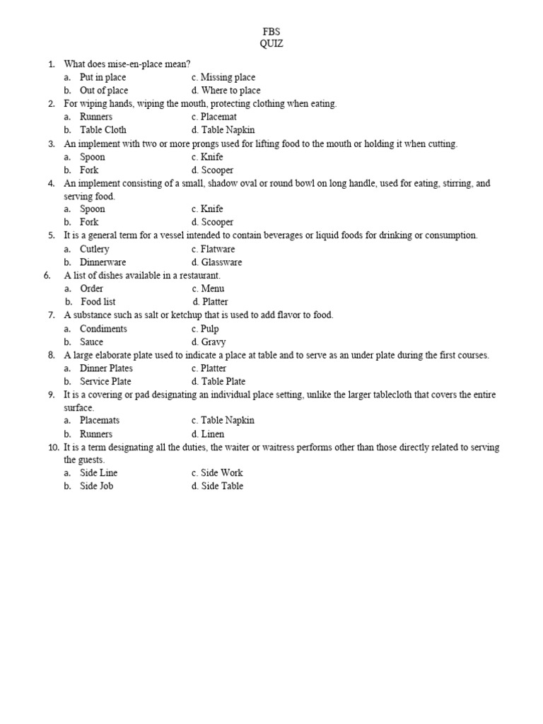 Fbs Quiz Sheng | PDF | Tableware | Teaspoon