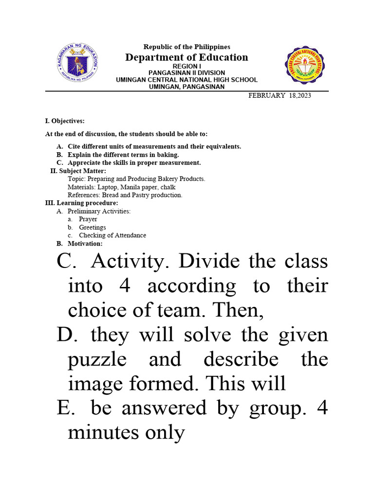 Lesson Plan in BPP JUANA | PDF | Flour | Dough