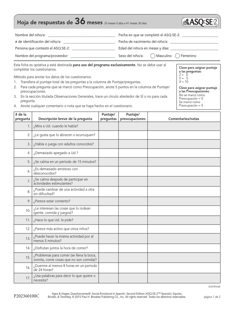 ASQ-SE2 Hojas de Respuesta 36 Meses | PDF | Relaciones personales ...