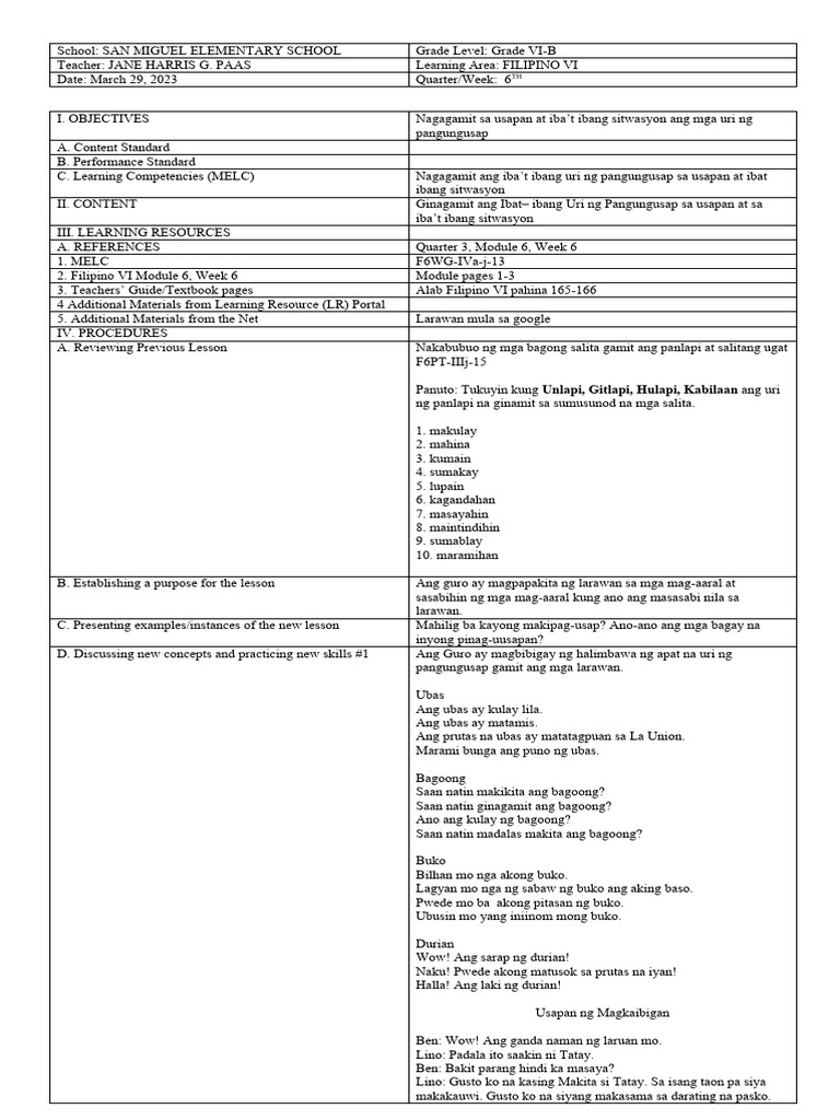Cot2 Filipino Vi Lesson Plan | PDF