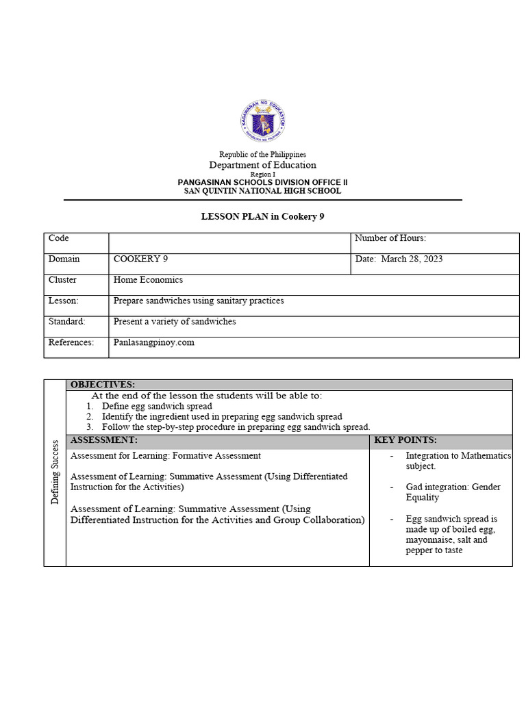 COT 7 E LESSON PLAN 3rd Quarter Egg Sandwich Spread | PDF | Learning | Behavior Modification