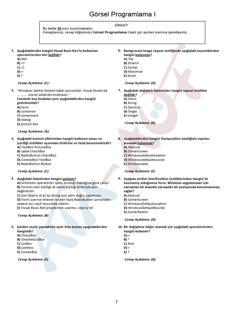 Görsel Programlama - I- Vize- Tüm | PDF