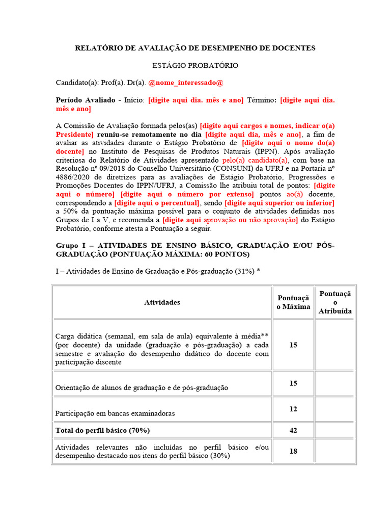 Modelo de Relatório de Avaliação de Desempenho de Docente - Estágio ...