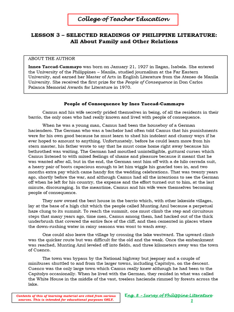 Lesson 3 Selected Readings of PH Lit All About Family and Other Relations | PDF