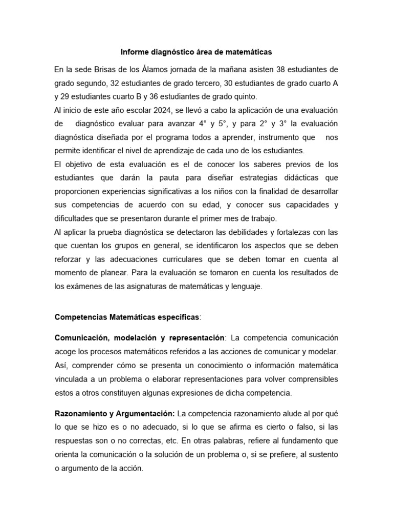 Informe Sobre El Diagnóstico Matemáticas Grados Segundo, Tercero, Cuarto y Quinto | PDF ...
