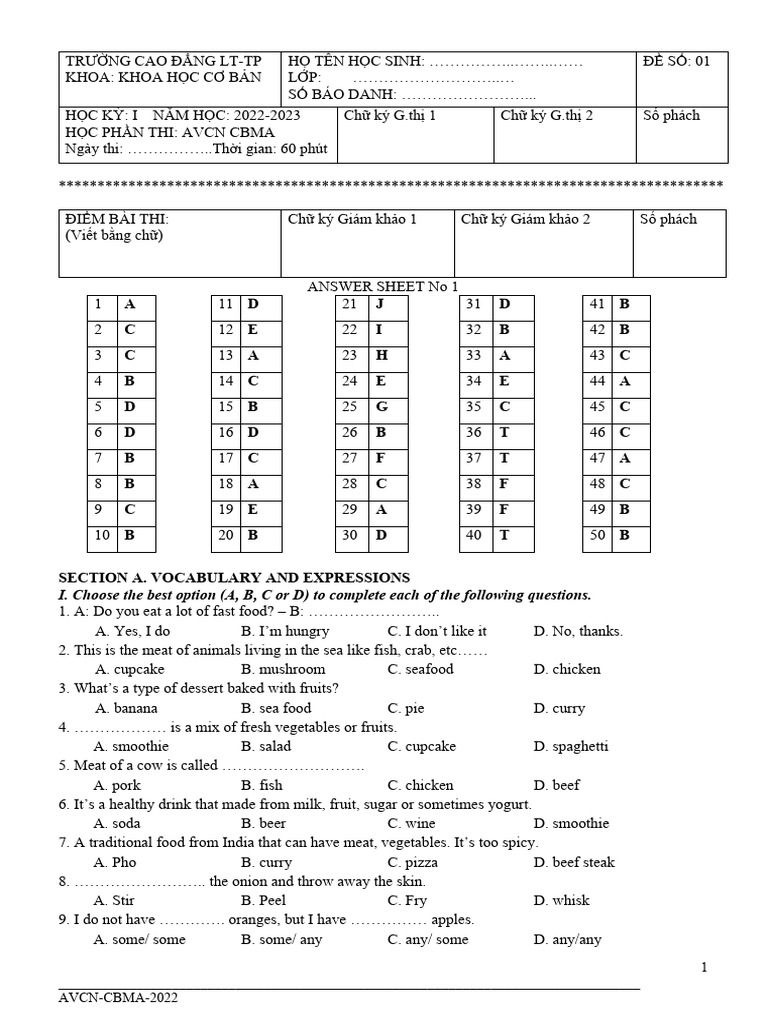 ĐỀ THI AVCN CBMA - ĐỀ 1 T11. 2022 PHUONG | PDF | Vietnamese Cuisine | Asian Cuisine