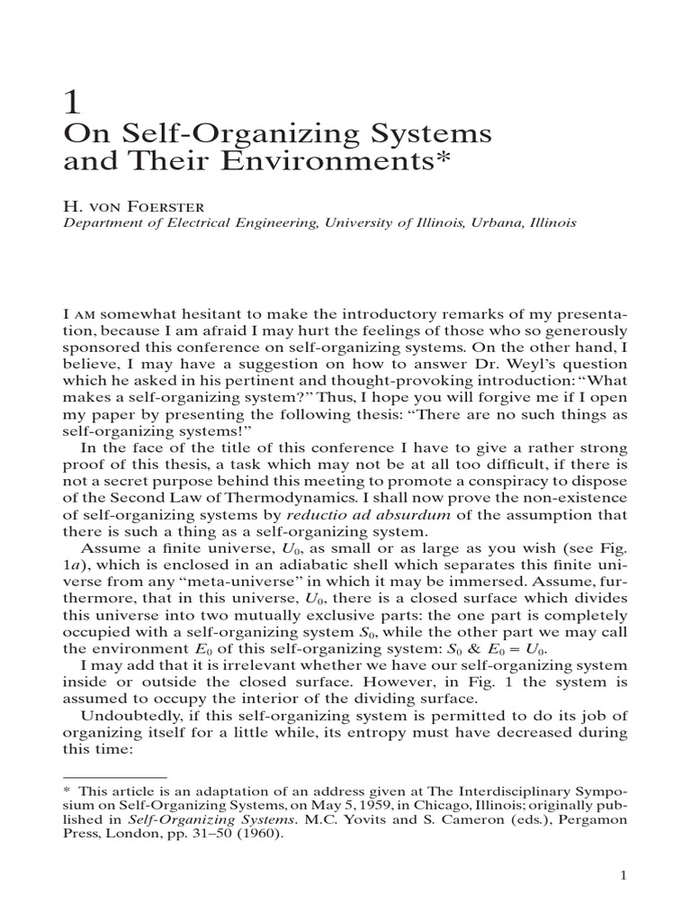 Foester (1960) On self-organizing systems and their environments | PDF | Entropy | Self Organization