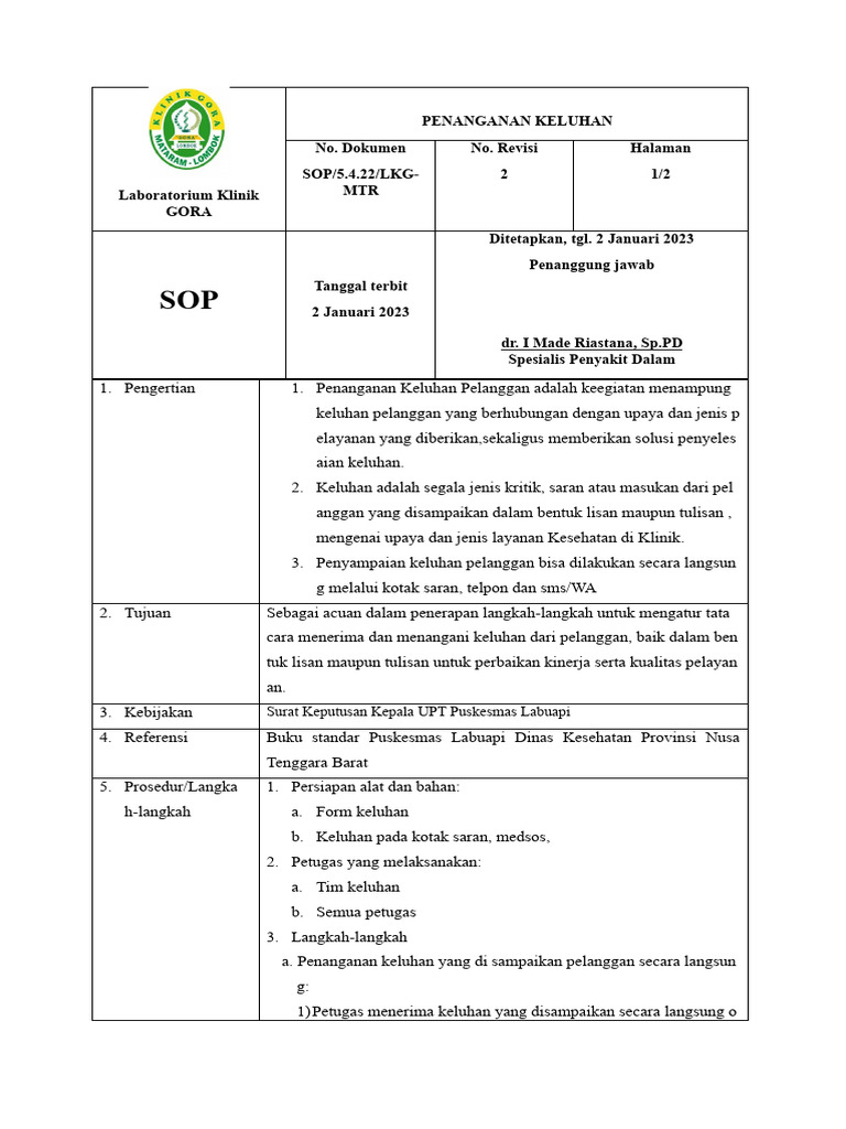 SOP Penanganan Keluhan Pelanggan | PDF | Teknologi & Rekayasa