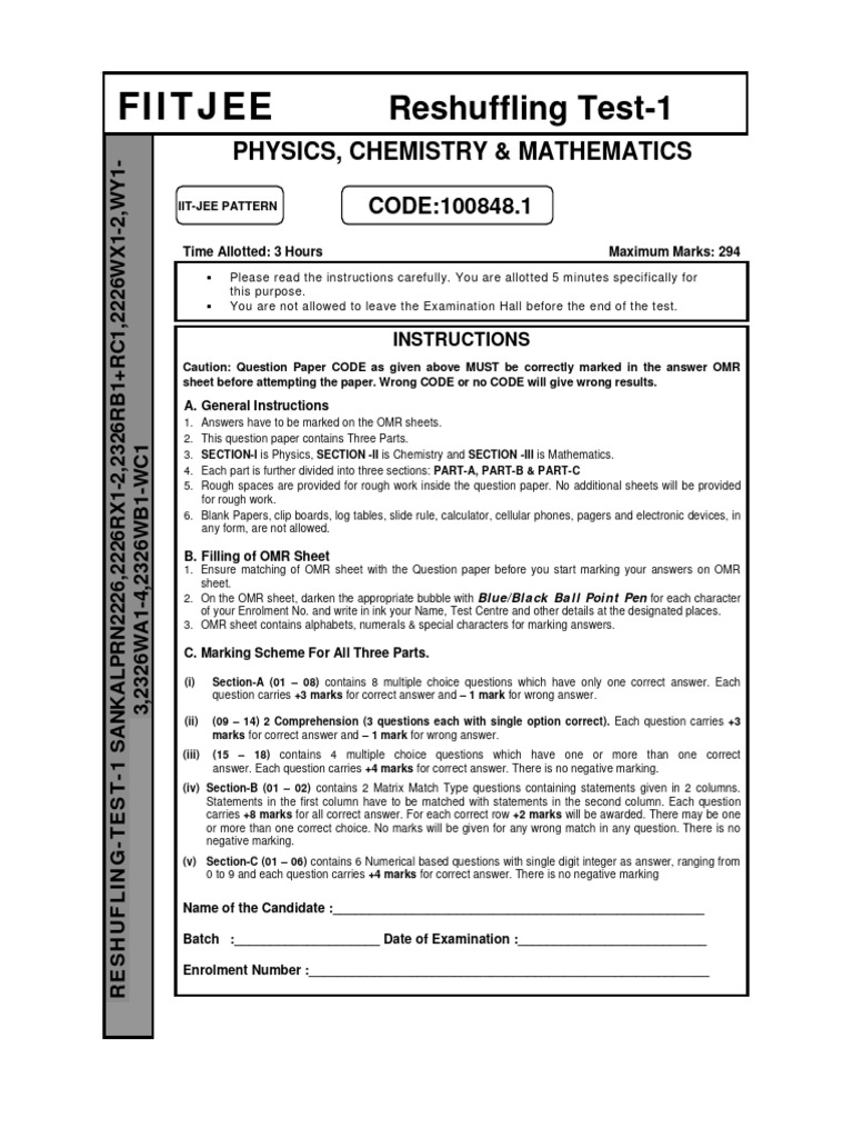 Iit Jee C X Reshuffling 1 Set A | PDF | Materials Science | Physical Sciences