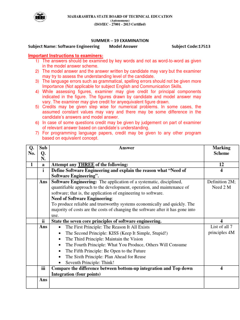 Software Engineering Model Answer Summer 2019 | PDF | Software Testing ...