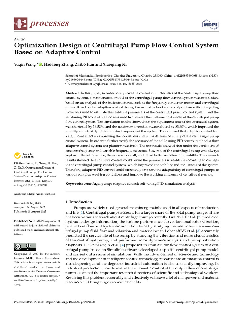 Processes 09 01538 v2 | PDF | Control Theory | Pump