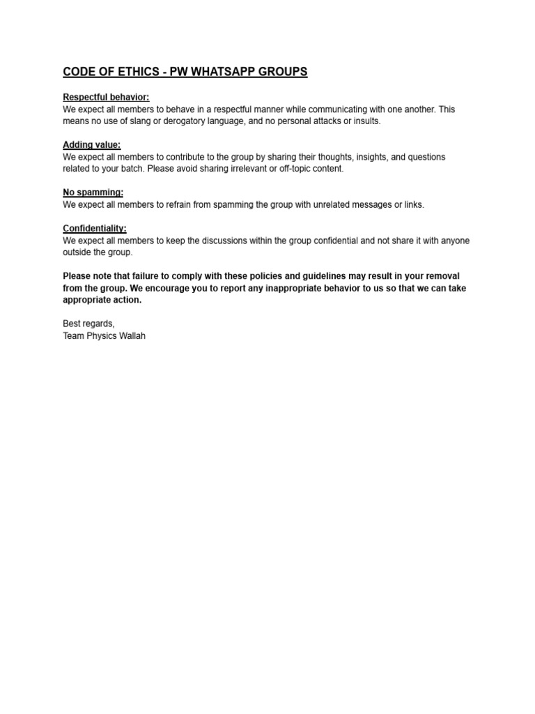 Code of Ethics - Pw Whatsapp Groups | PDF