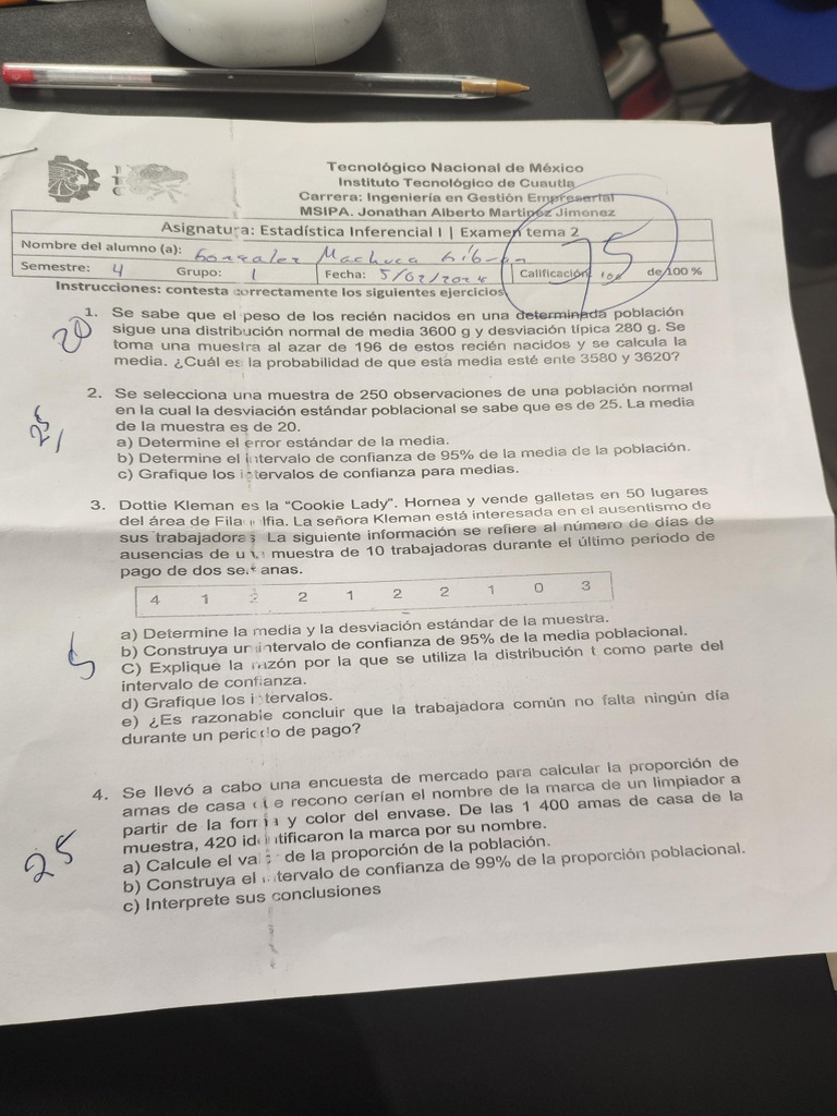 EXÁMEN U2 ESTADISTICA | PDF