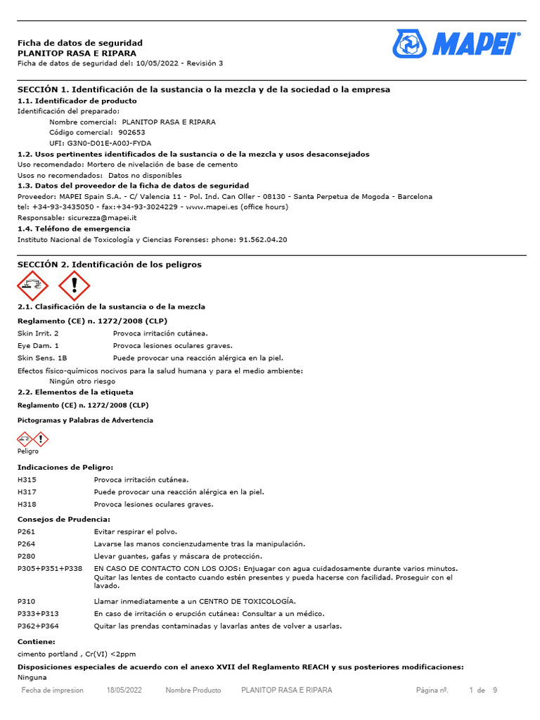 Hoja de Seguridad - Planitop | PDF | Residuos | Toxicidad