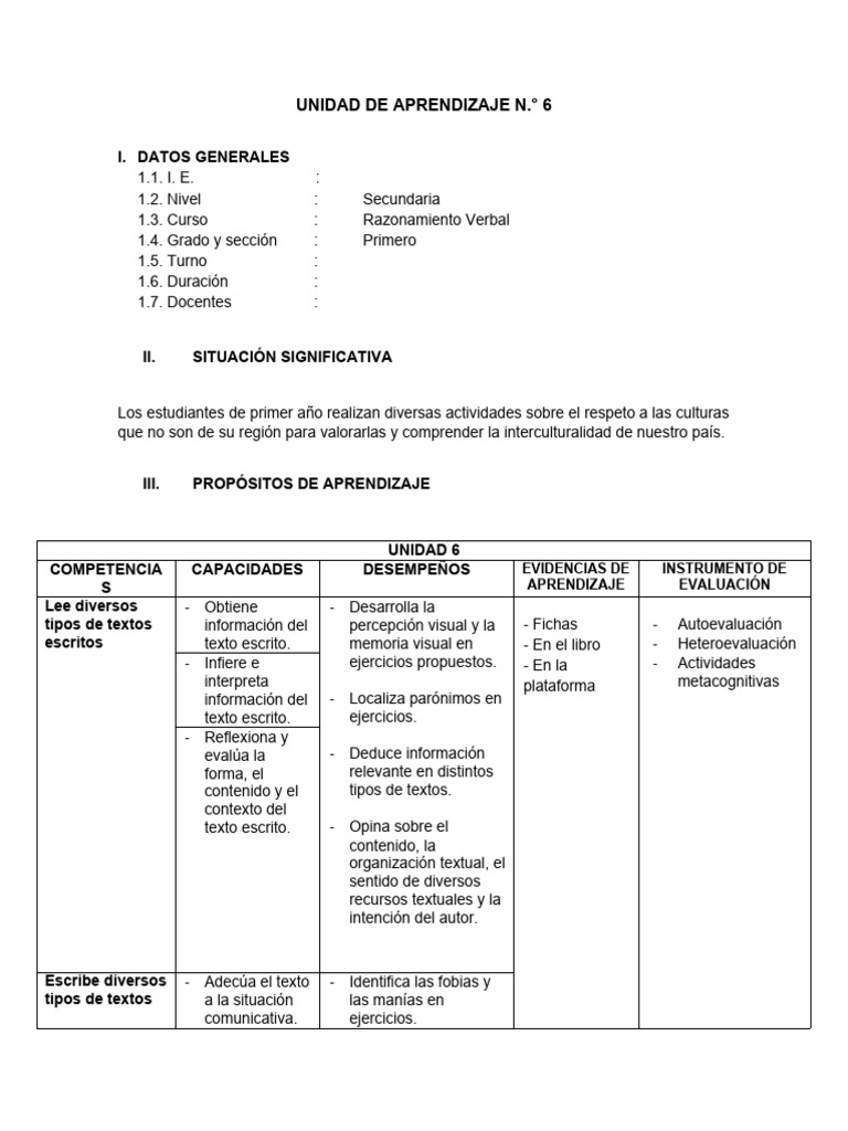 COREFO-RV 1-Sesiones-U6 | PDF | Evaluación | Aprendizaje