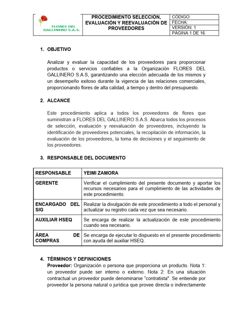 Documento Procedimiento de Seleccion de Proveedores | PDF | Evaluación | Calidad (comercial)