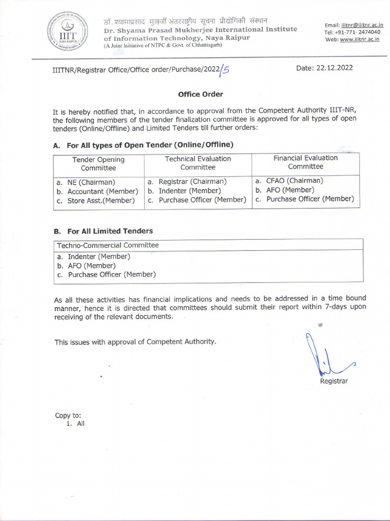 Office Order For Tender Finalization Committee | PDF