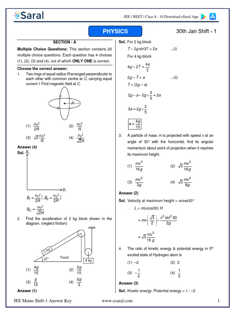 JEE Mains Physics Answer Key 2023 | PDF | Kinetic Energy | Friction