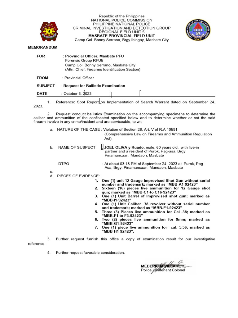 Request for Ballistic Examination DONALD FELIX y REYES | PDF | Caliber ...