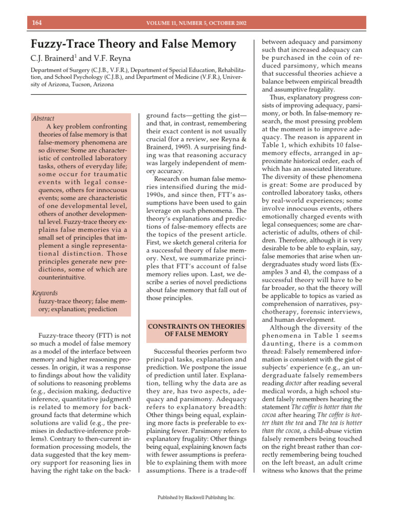 Fuzzy-Trace Theory and False Memory | PDF | Recall (Memory) | Psychology