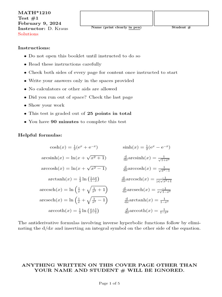 Math 1210 Test #1 Solutions | PDF | Calculus | Functions And Mappings