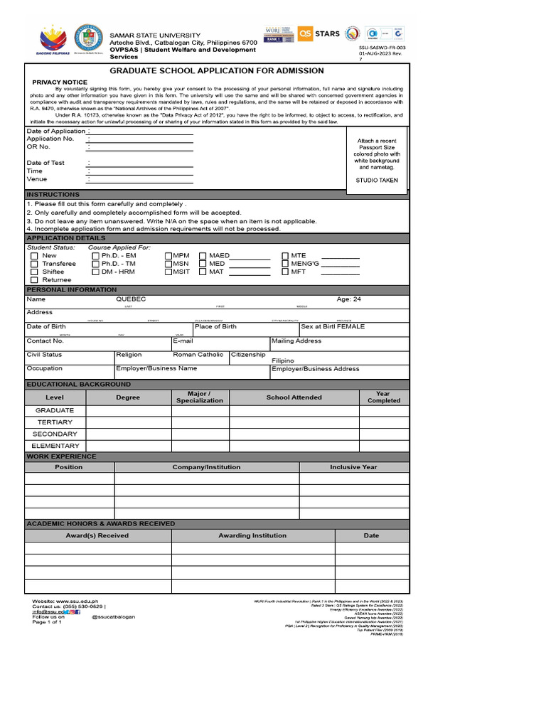 Form 003 Graduate School Application For Admission (2) .XLSX FORM 003 | PDF