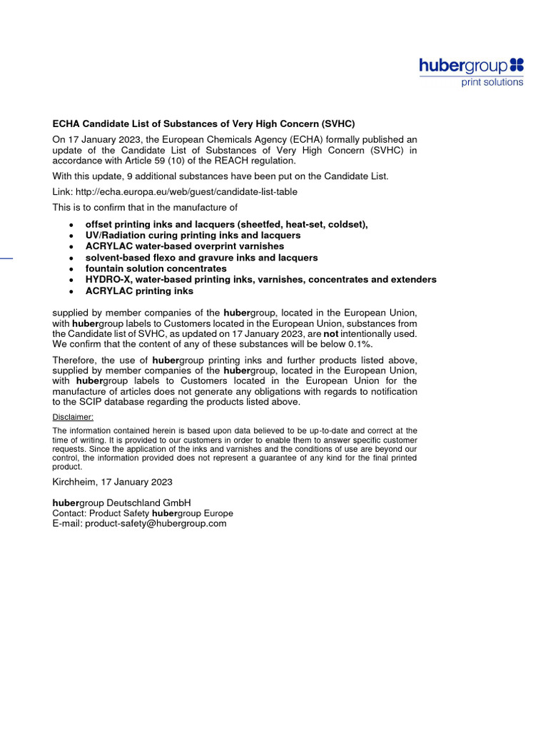 ECHA SVHC Candidate List Update 2023 | PDF