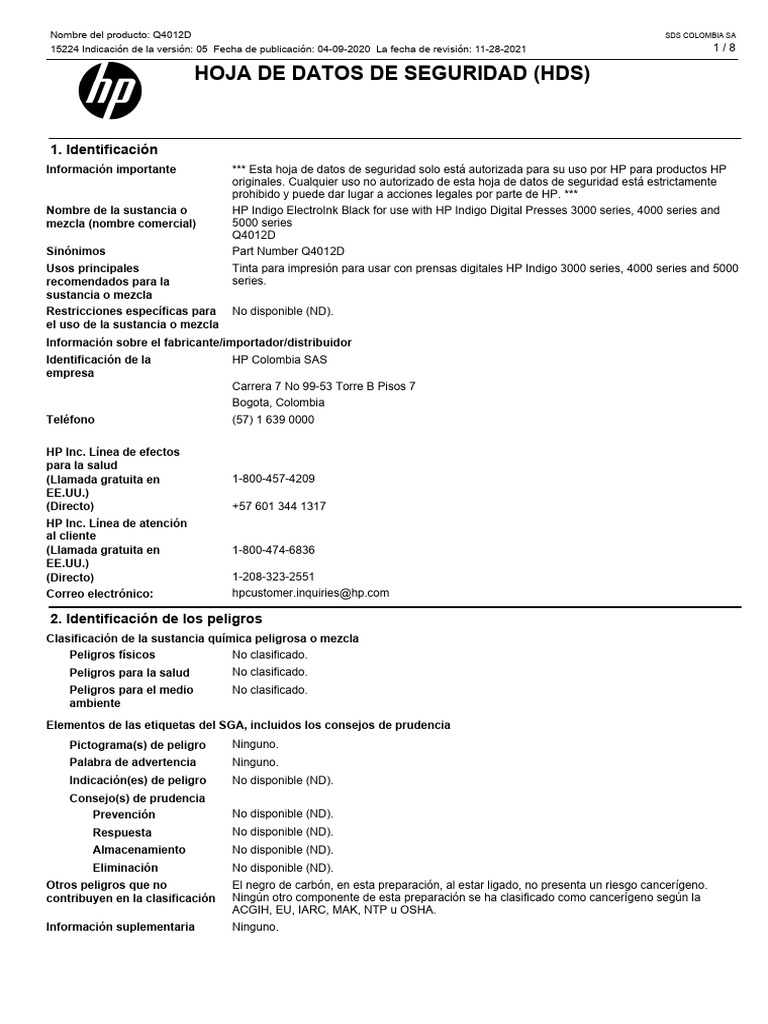Fichas Datos Seguridad Q4012D | PDF | Agua | Solubilidad