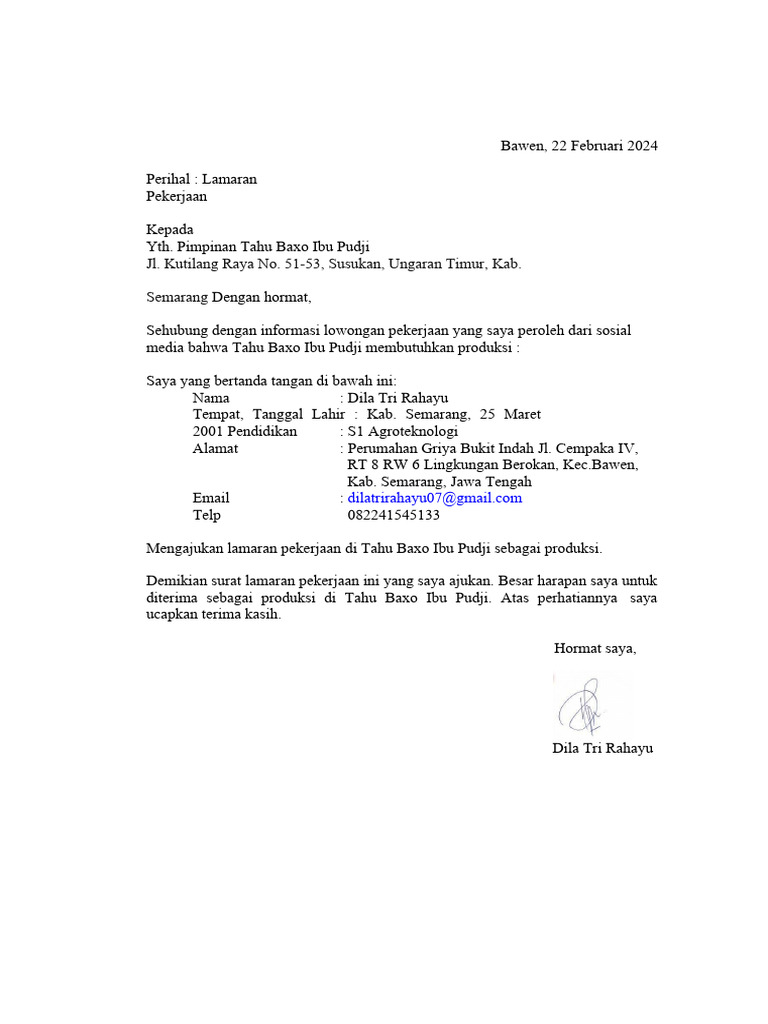 Surat Lamaran Dan CV Dila Tri Rahayu | PDF