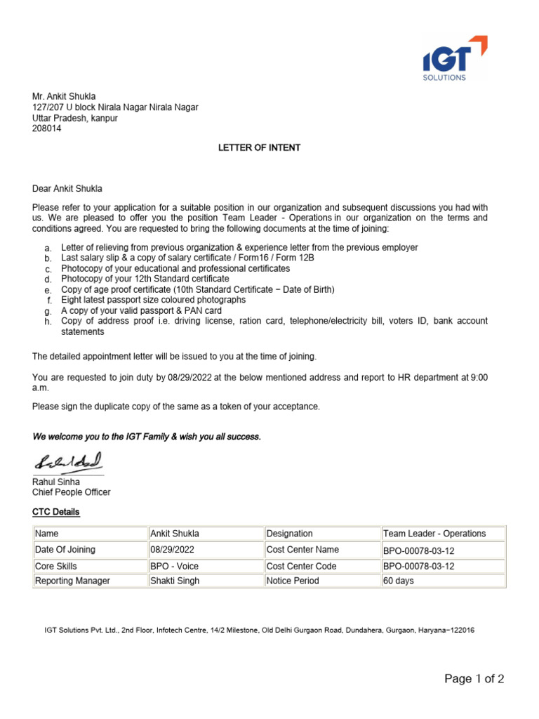 OfferLetter IGT | PDF | Salary