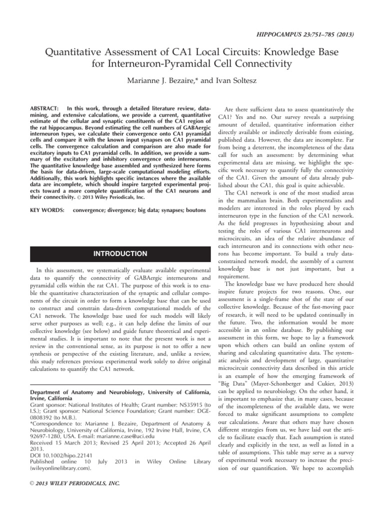 Bezaire. Quantitative Assessment of CA1 Local Circuits | PDF | Hippocampus Anatomy | Pyramidal Cell