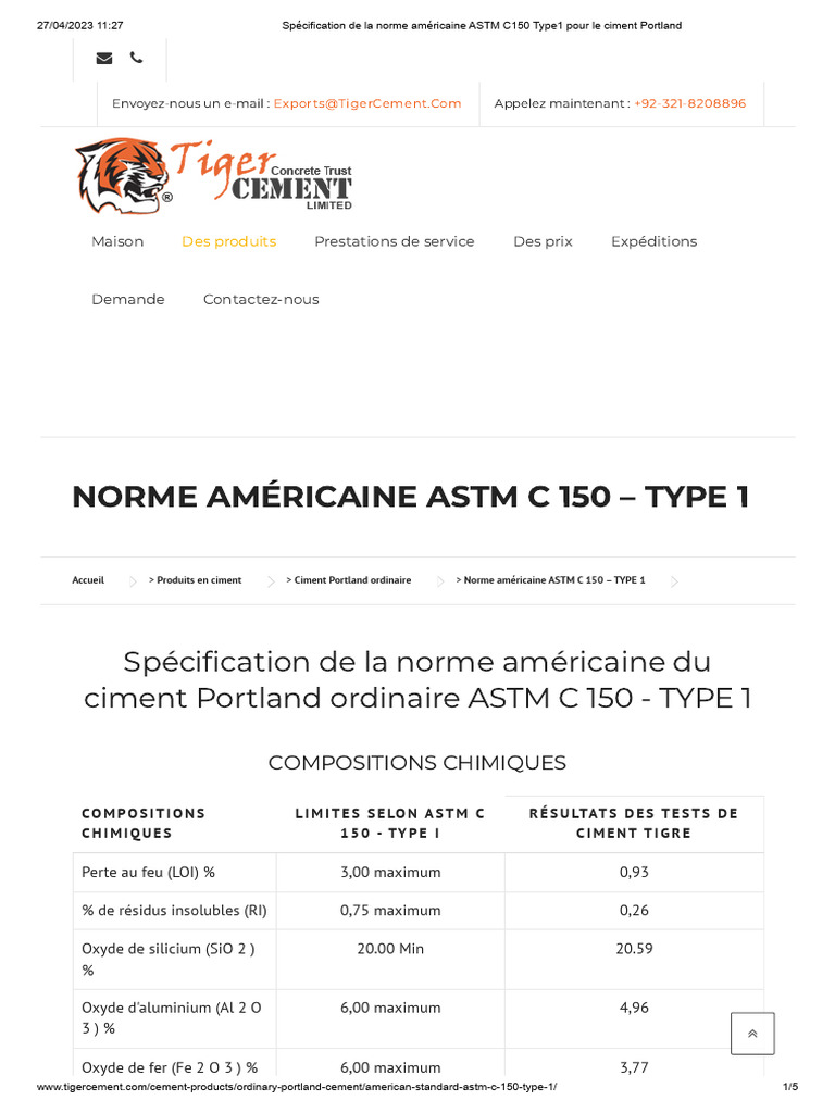 Spécification de La Norme Américaine ASTM C150 Type1 Pour Le Ciment ...